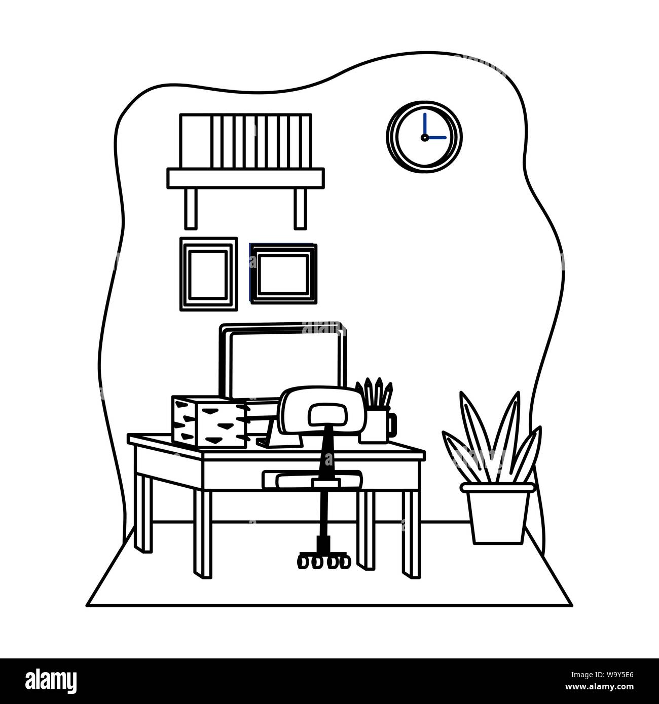 Office and workplace elements cartoons in black and white Stock Vector ...