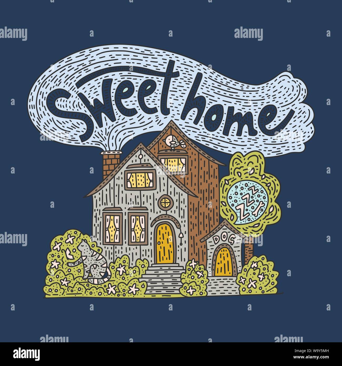 Country doodle detailed cottage with hand drawn lettering - sweet home ...