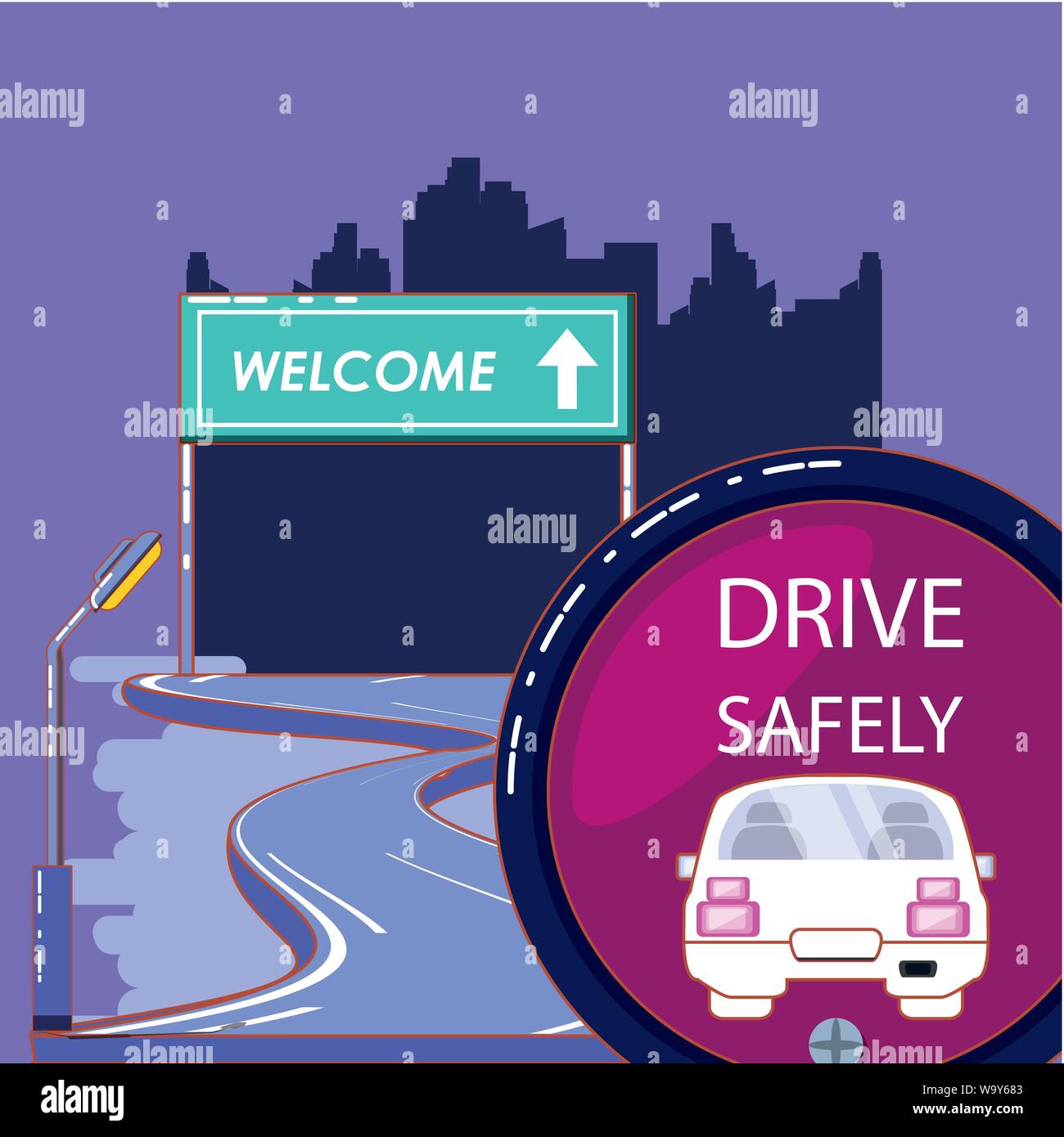 drive safely design with road and welcome board over purple background ...