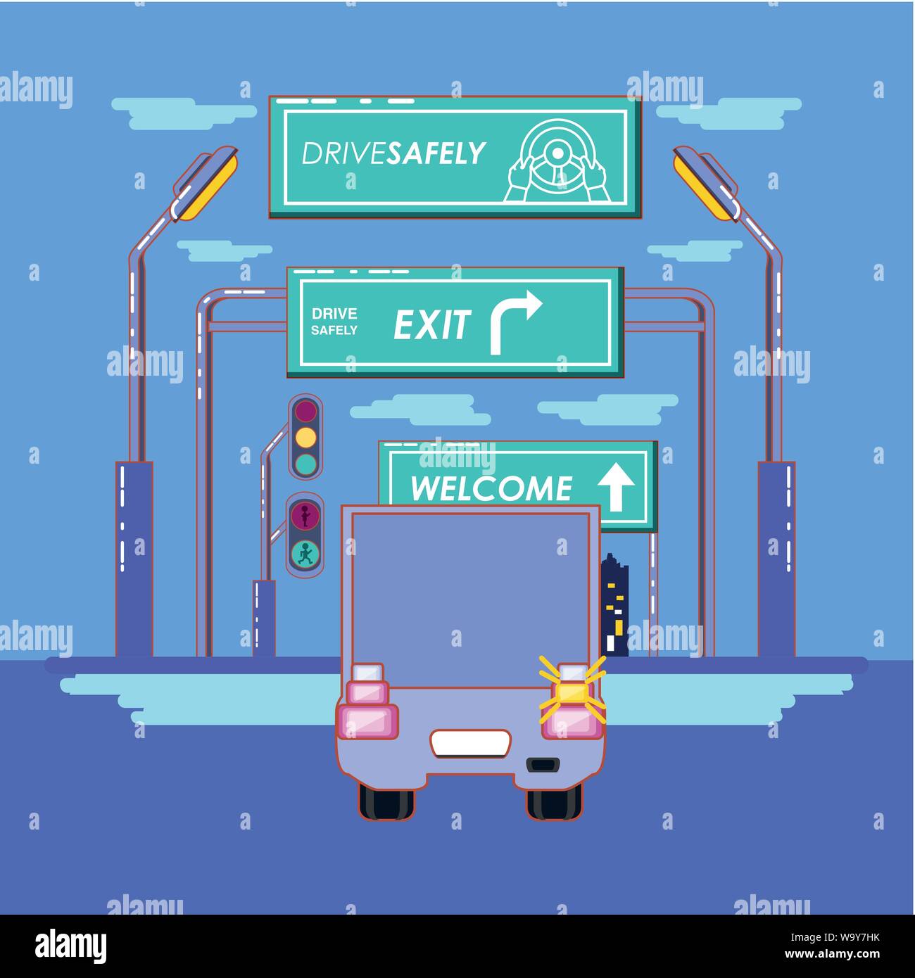 drive safely truck in the road with turn signal and traffic signs ...