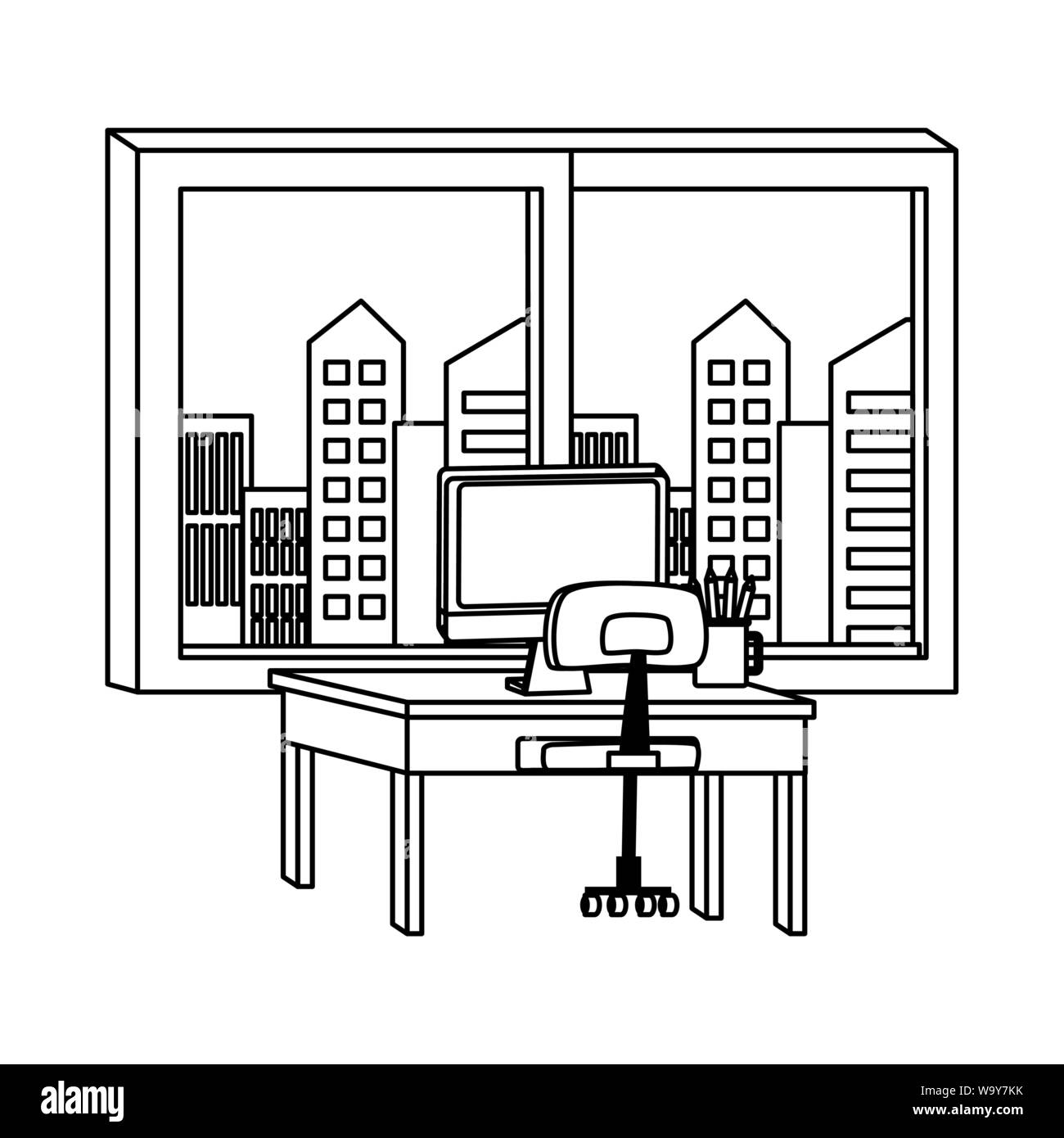 Office and workplace elements cartoons in black and white Stock Vector ...