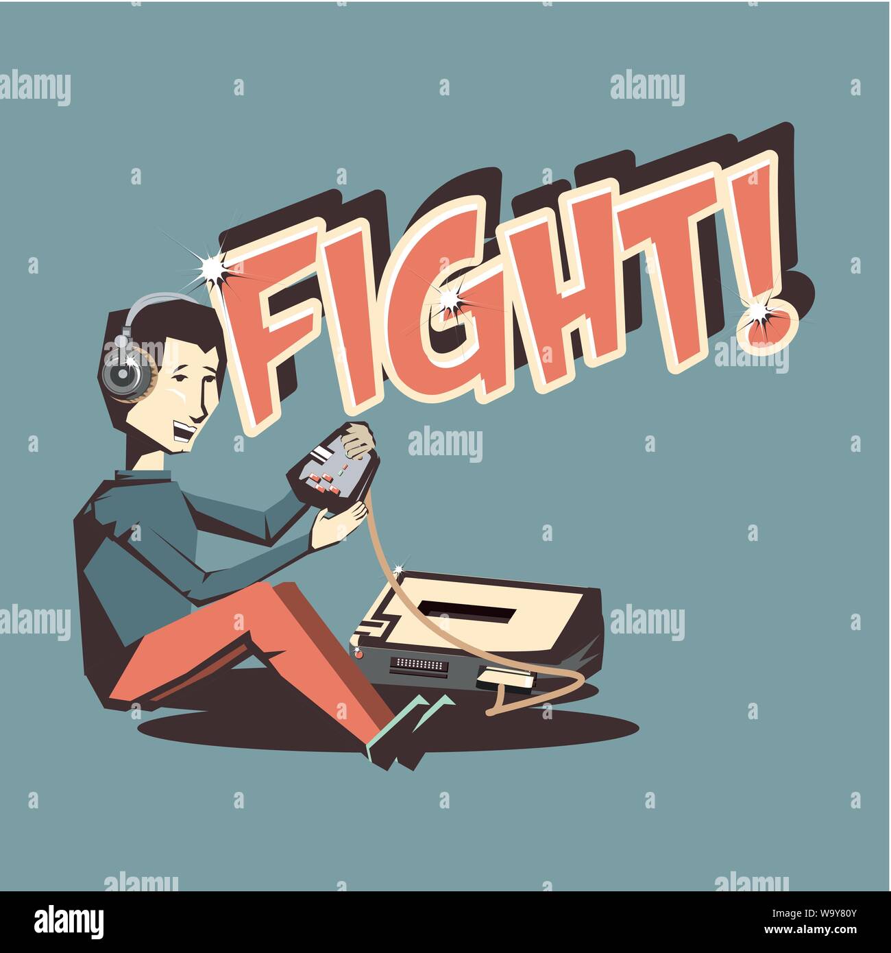 retro videogames design with avatar man with console over blue ...