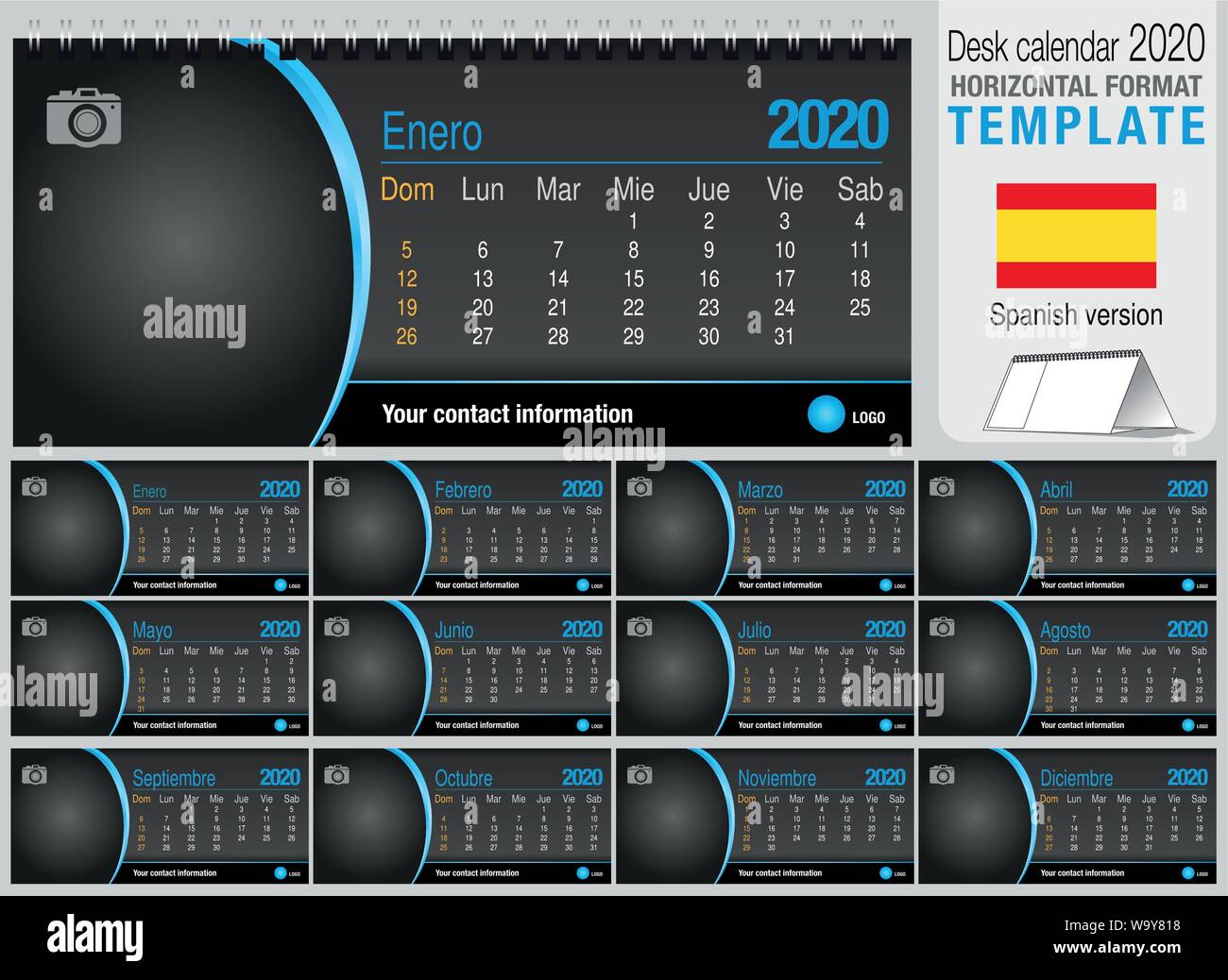 Useful desk triangle calendar 2020 template on black background, with ...
