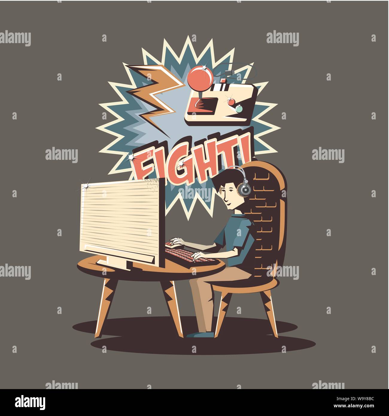 retro videogame design with man playing videogames on computer over ...