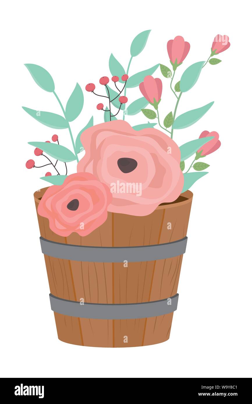 Flowers and leaves inside barrel design, floral nature plant ornament ...