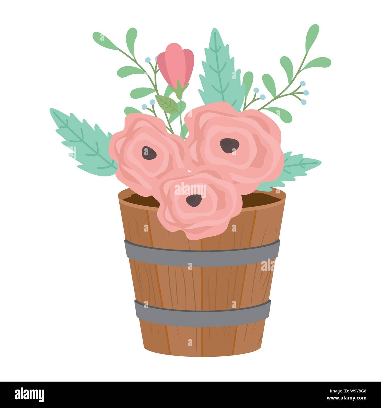 Flowers and leaves inside barrel design, floral nature plant ornament ...