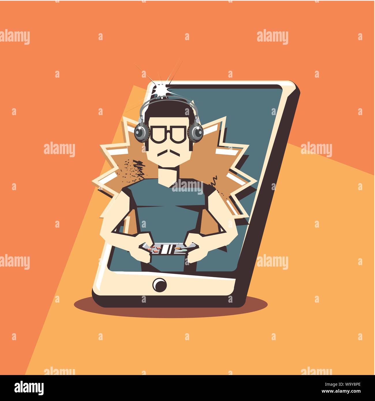 retro videogames design with smartphone and avatar man with headphones ...