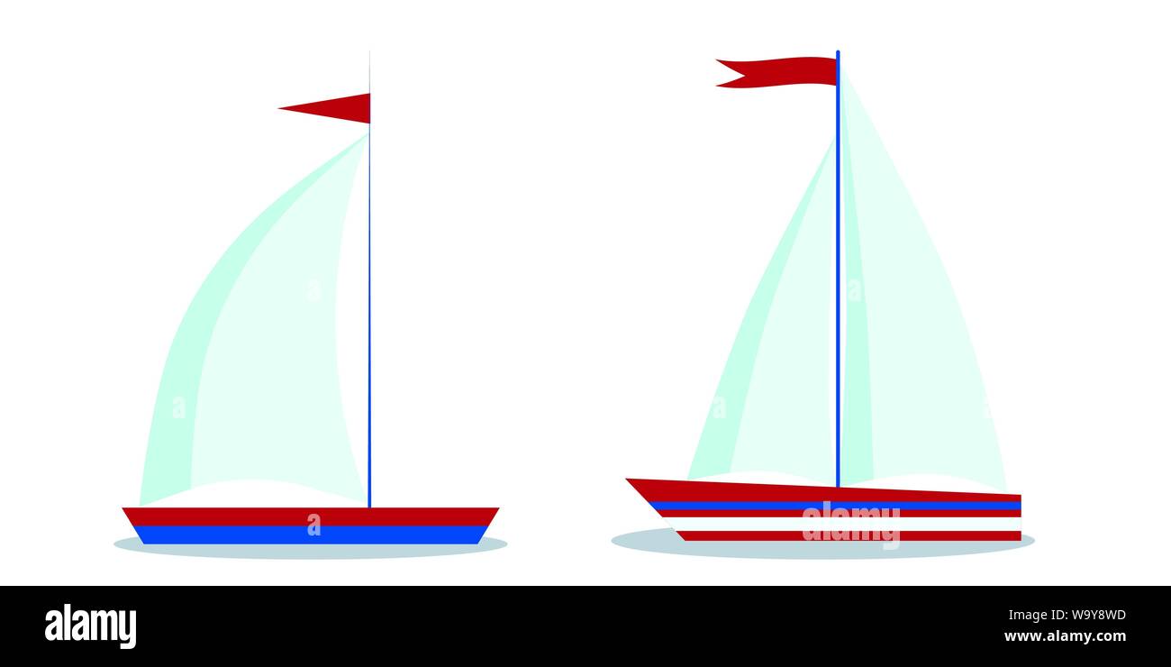Isolated icons of cartoon style blue and red sailboats with one and two ...