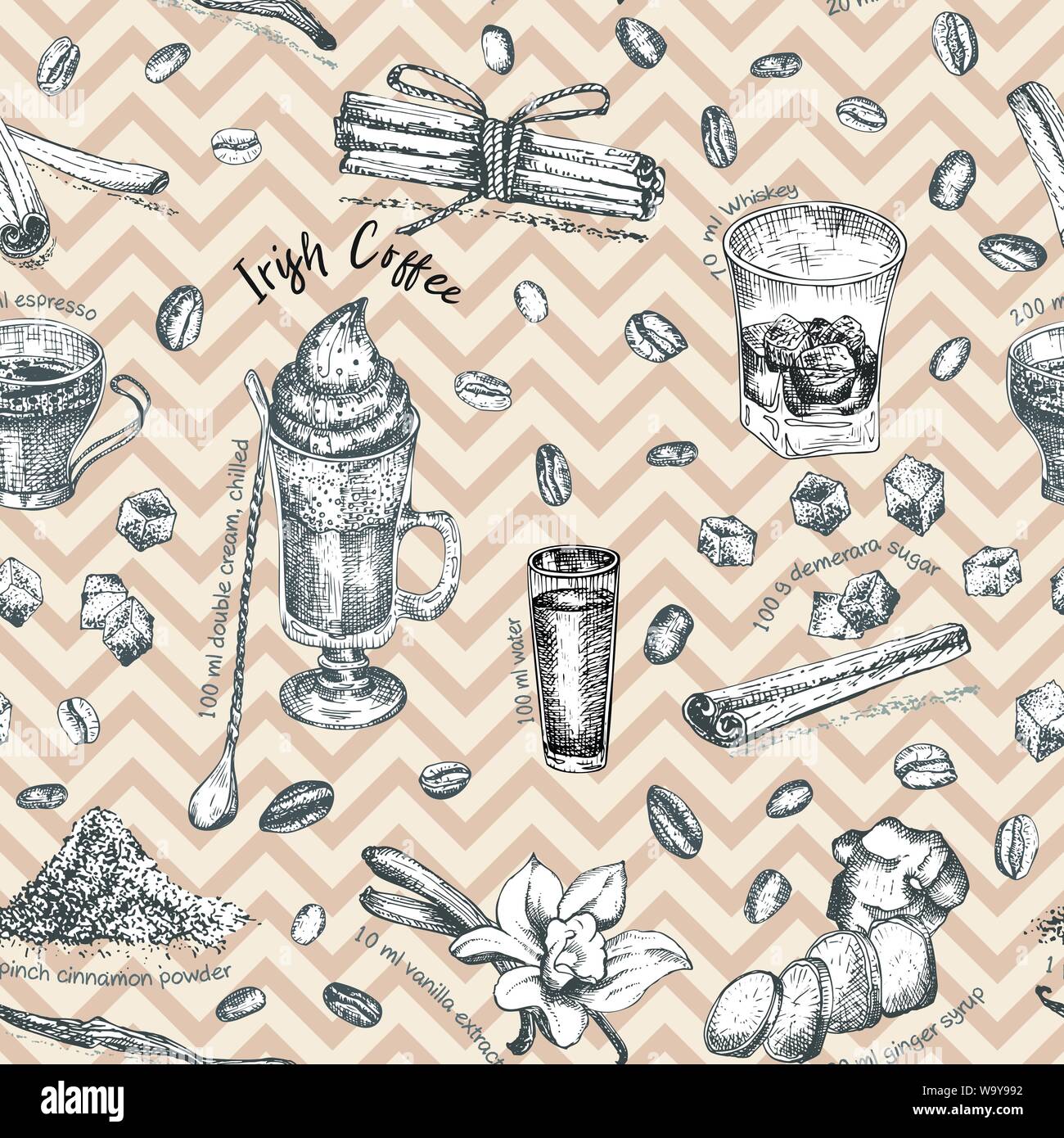 Seamless pattern Vintage hand drawn sketch design bar, restaurant, cafe ...