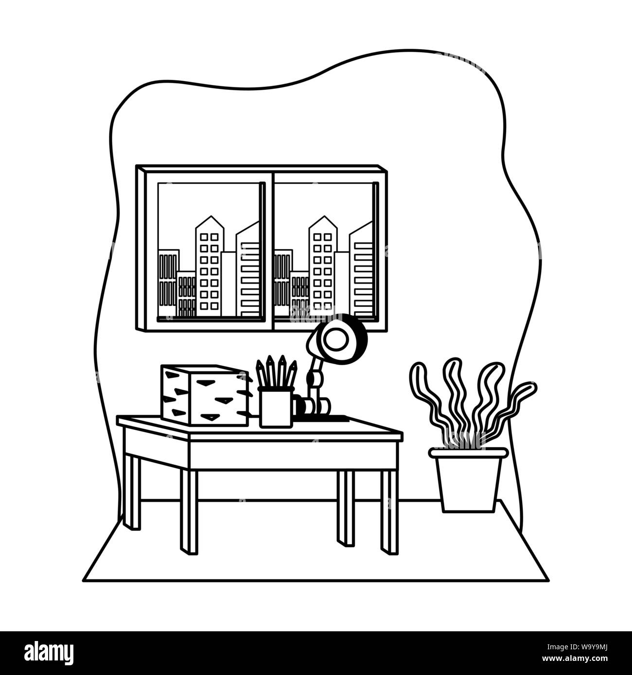 Office and workplace elements cartoons in black and white Stock Vector ...