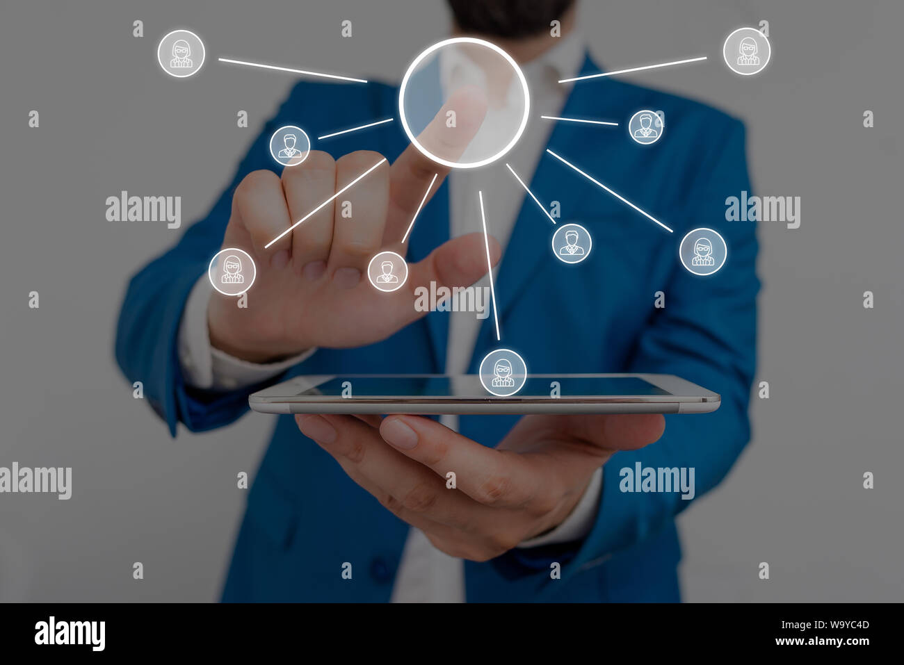 Male human wear formal work suit presenting presentation using smart ...