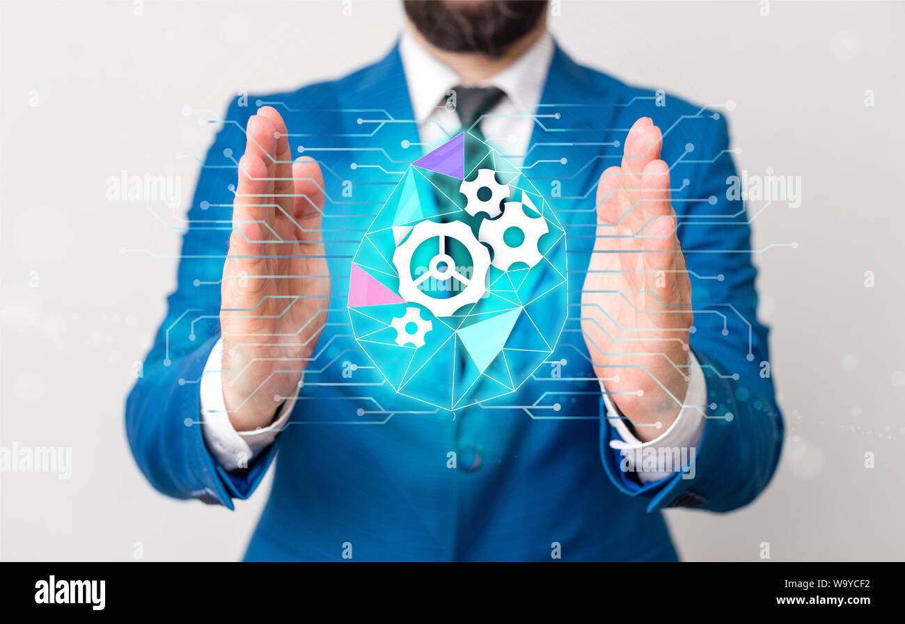 Male human wear formal work suit presenting presentation using smart ...