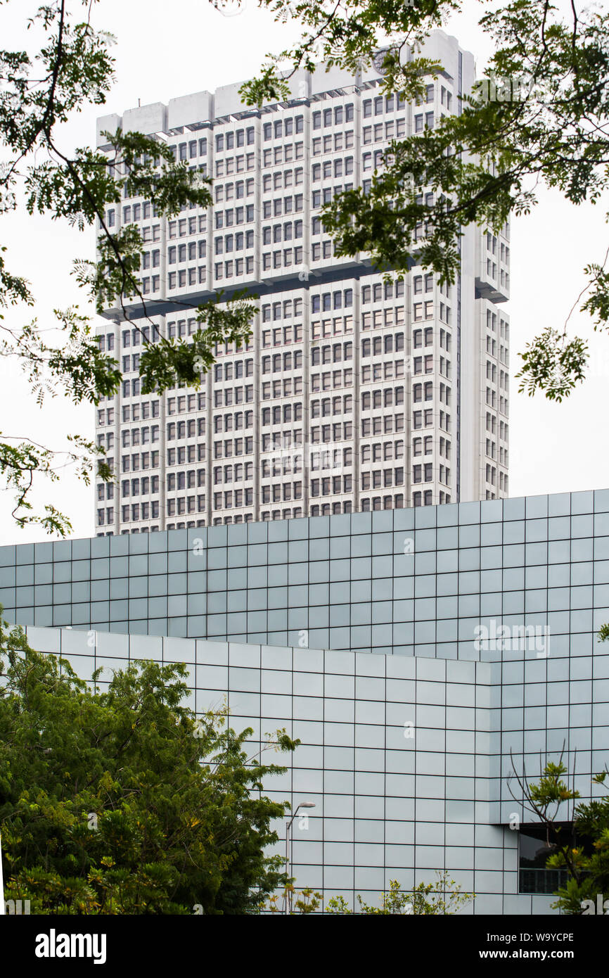 View of brutalist building of Shaw Tower in the background and Suntec ...
