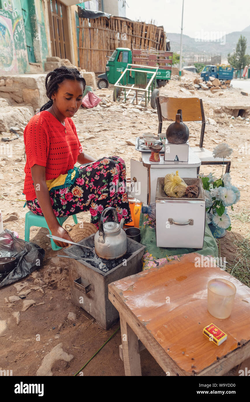 Inticho, Tigray Region, Ethiopia - April 28, 2019: Ethiopian traditional Coffee ceremony ...