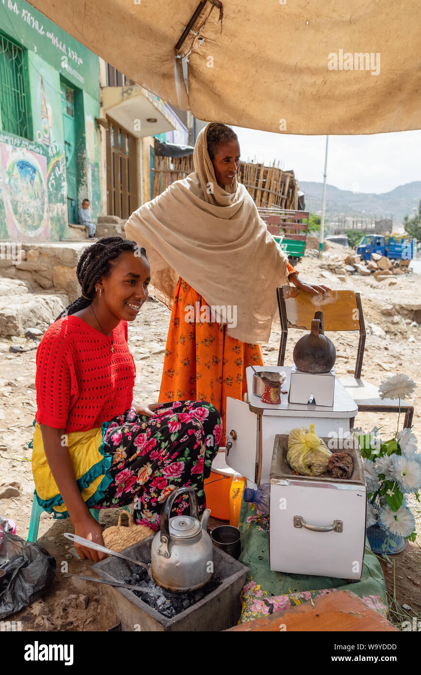 Inticho, Tigray Region, Ethiopia - April 28, 2019: Ethiopian traditional Coffee ceremony ...