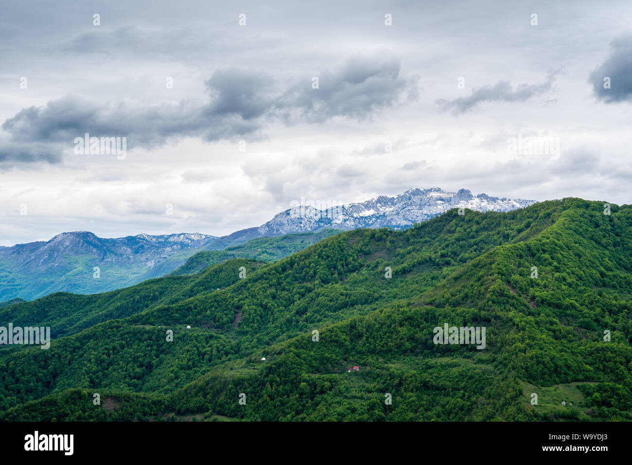Montenegro, Snow covered high mountains and peaks near kolasin behind ...
