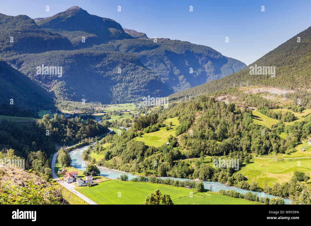 Aerial view on Fortun village near Skjolden in Fotundalen valley Sogn ...