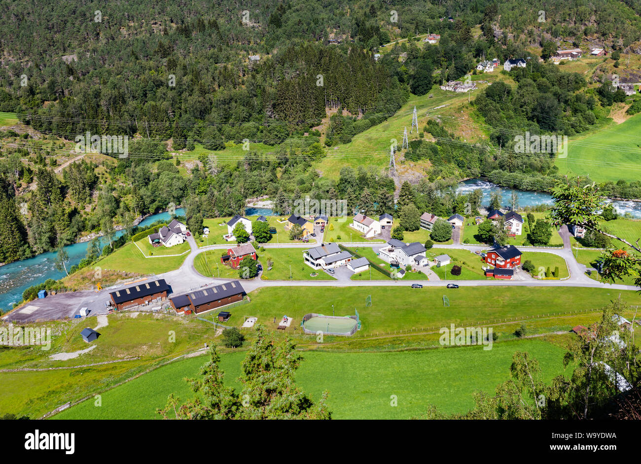 Aerial view on Fortun village near Skjolden in Fotundalen valley Sogn ...