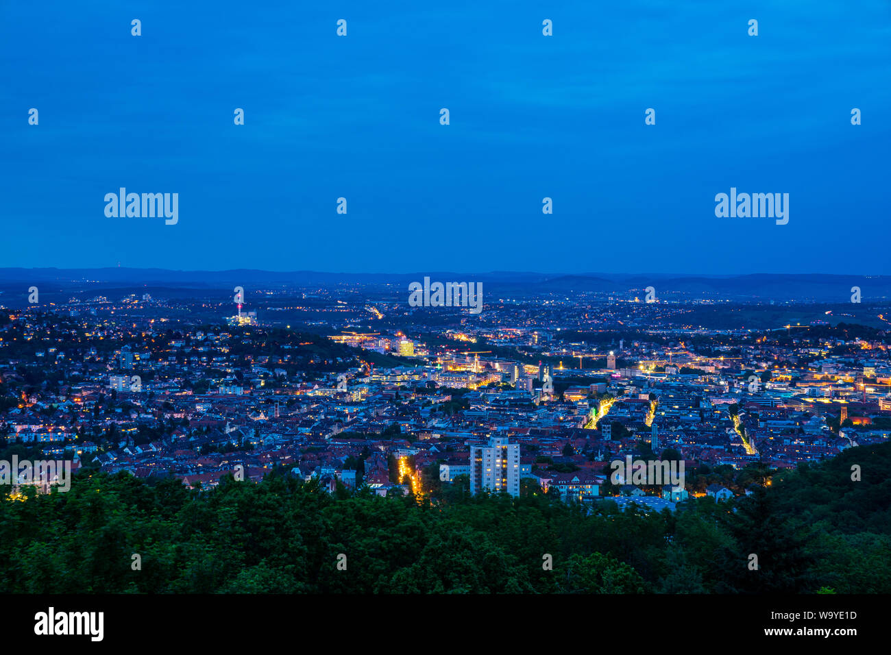 Germany, City centre of stuttgart metropolis from above by night in ...