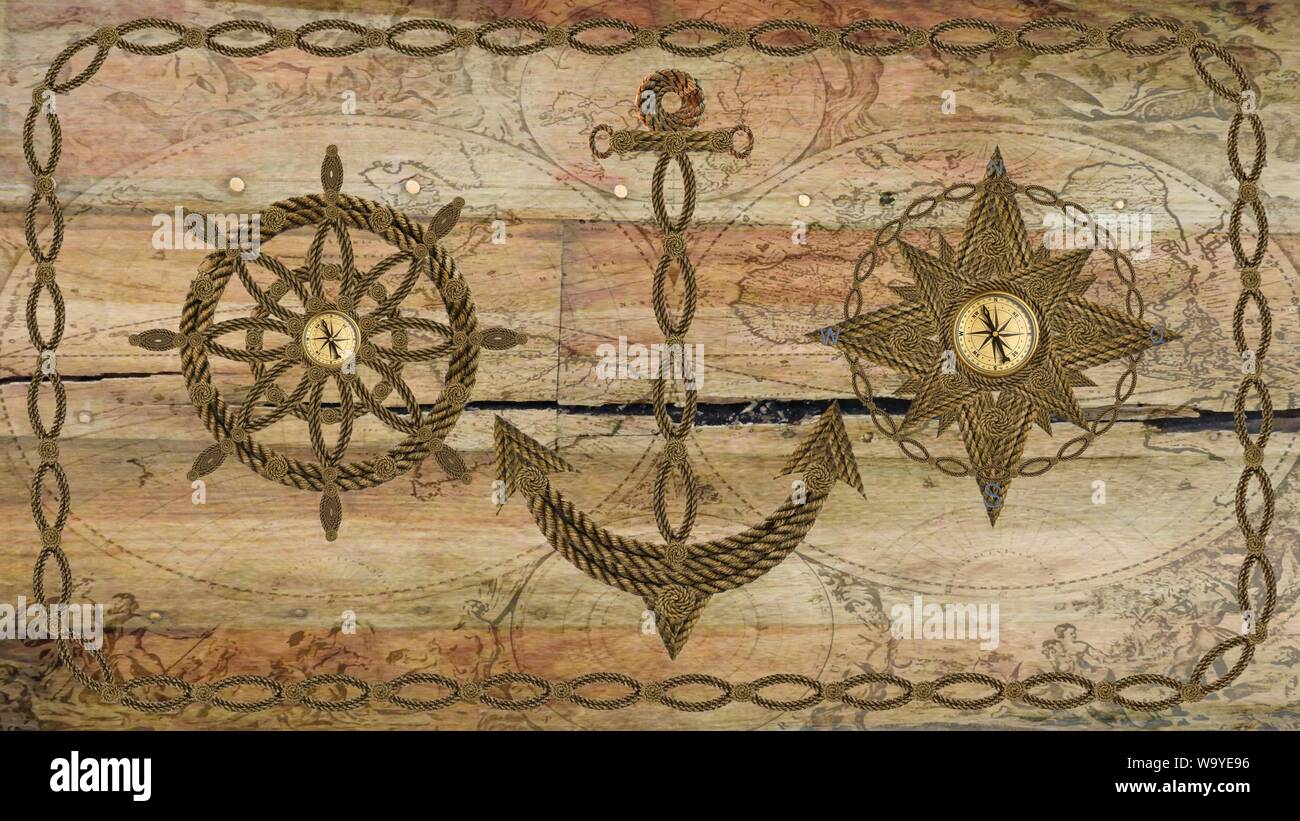 Compass anchor wheel from old ropes on wood Stock Photo - Alamy