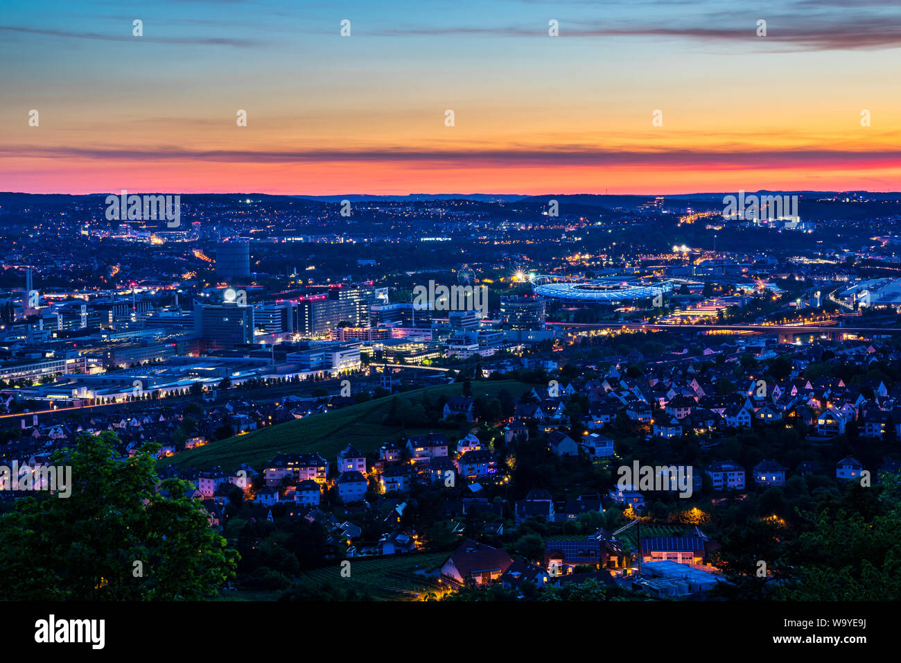 Germany, Magical illuminated skyline of houses downtown stuttgart bad ...
