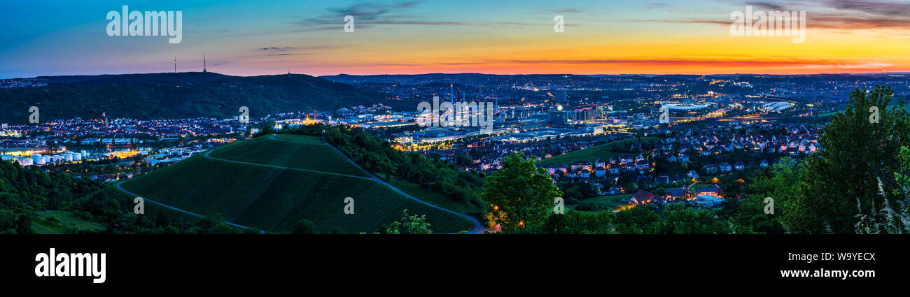 Germany, XXL landscape panorama of illuminated skyline of downtown city ...