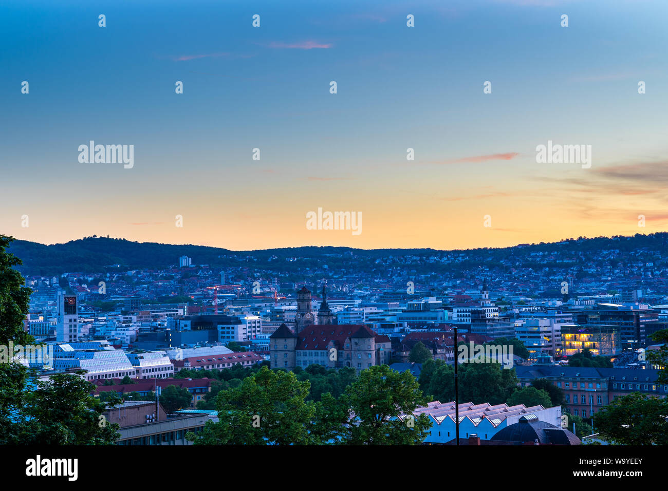Skyline of downtown stuttgart city centre after sunset from above eugensplatz viewpoint in ...