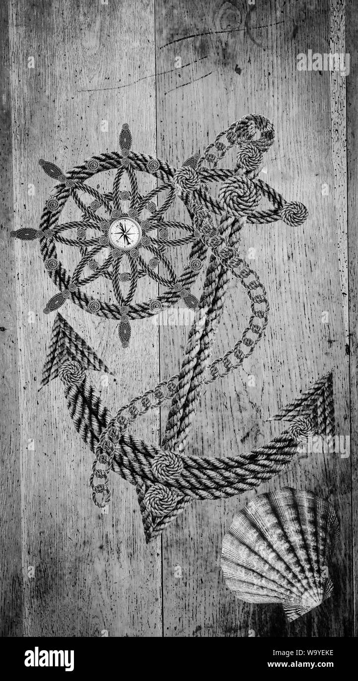 Altes seil anchor anker compass delfine knot Black and White Stock ...