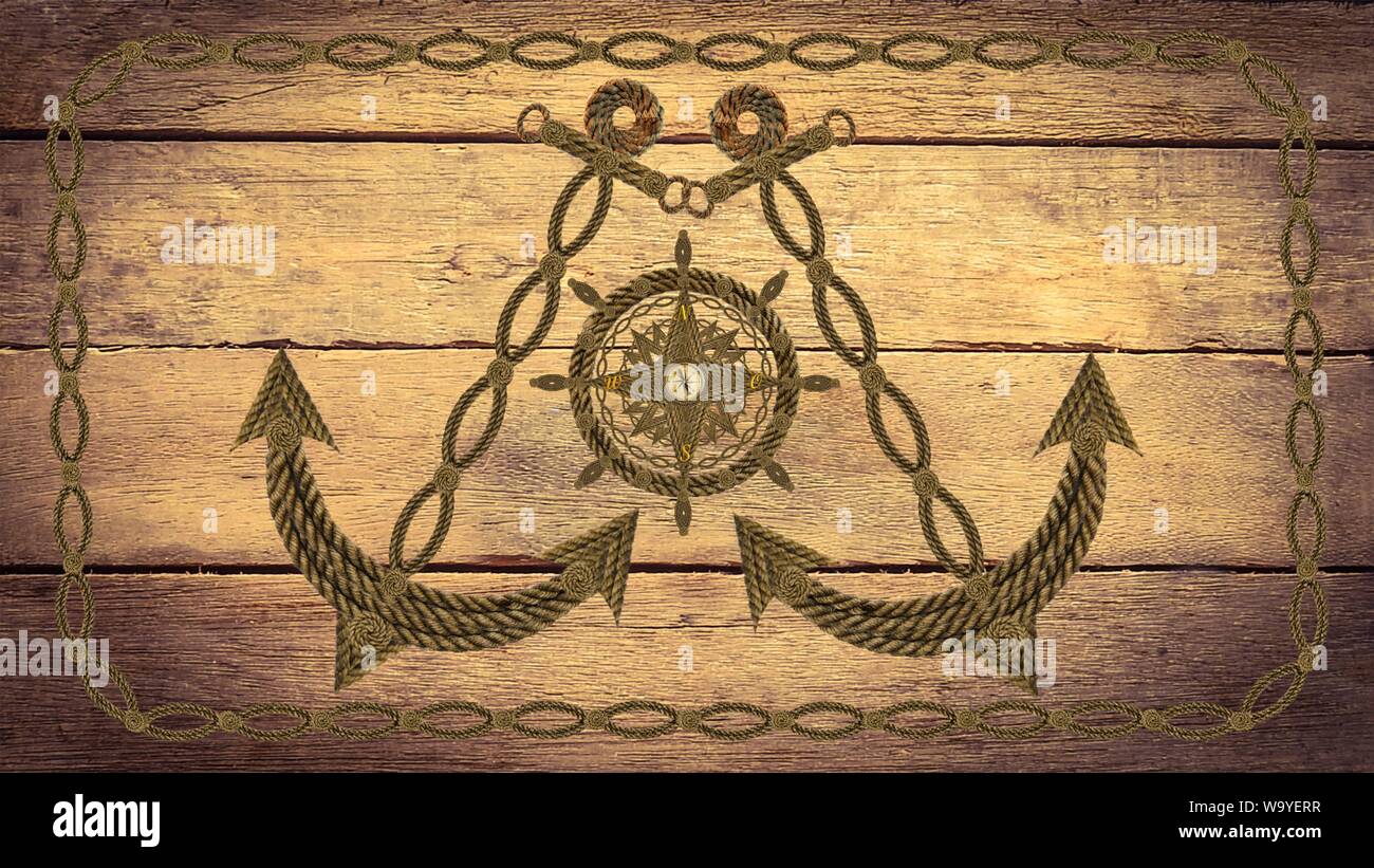Compass anchor wheel from old ropes on wood Stock Photo - Alamy