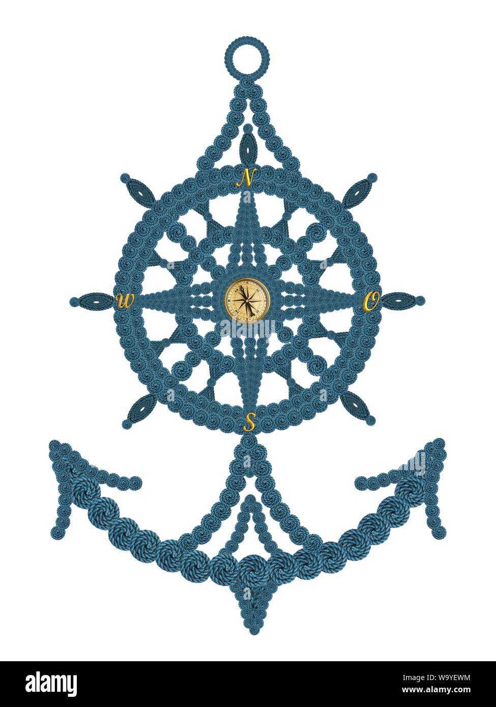 Compass anchor steering wheel globe wind rose made of ropes Stock Photo ...