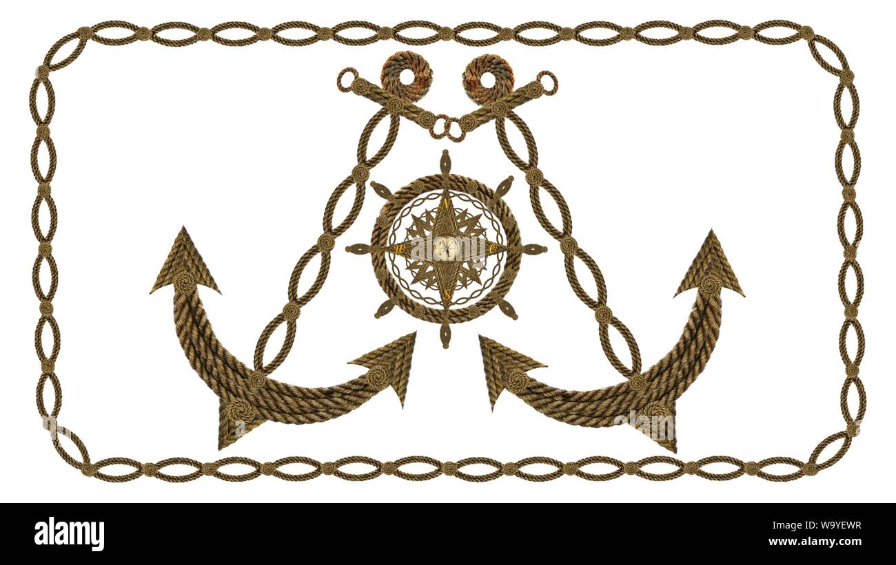 Compass anchor steering wheel globe wind rose made of ropes Stock Photo ...