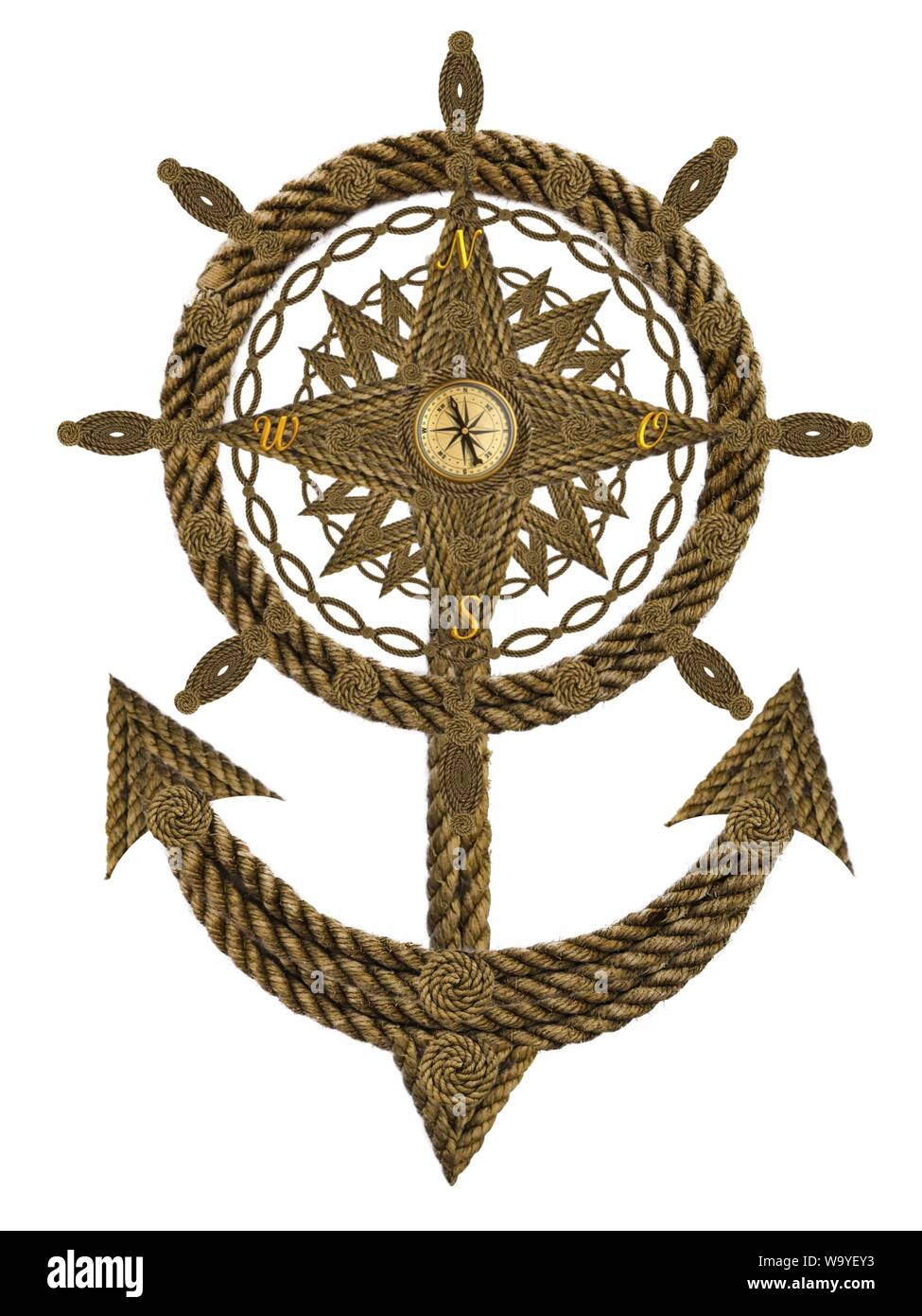 Compass anchor steering wheel globe wind rose made of ropes Stock Photo ...