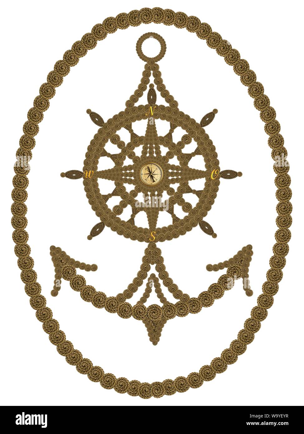 Compass anchor steering wheel globe wind rose made of ropes Stock Photo ...