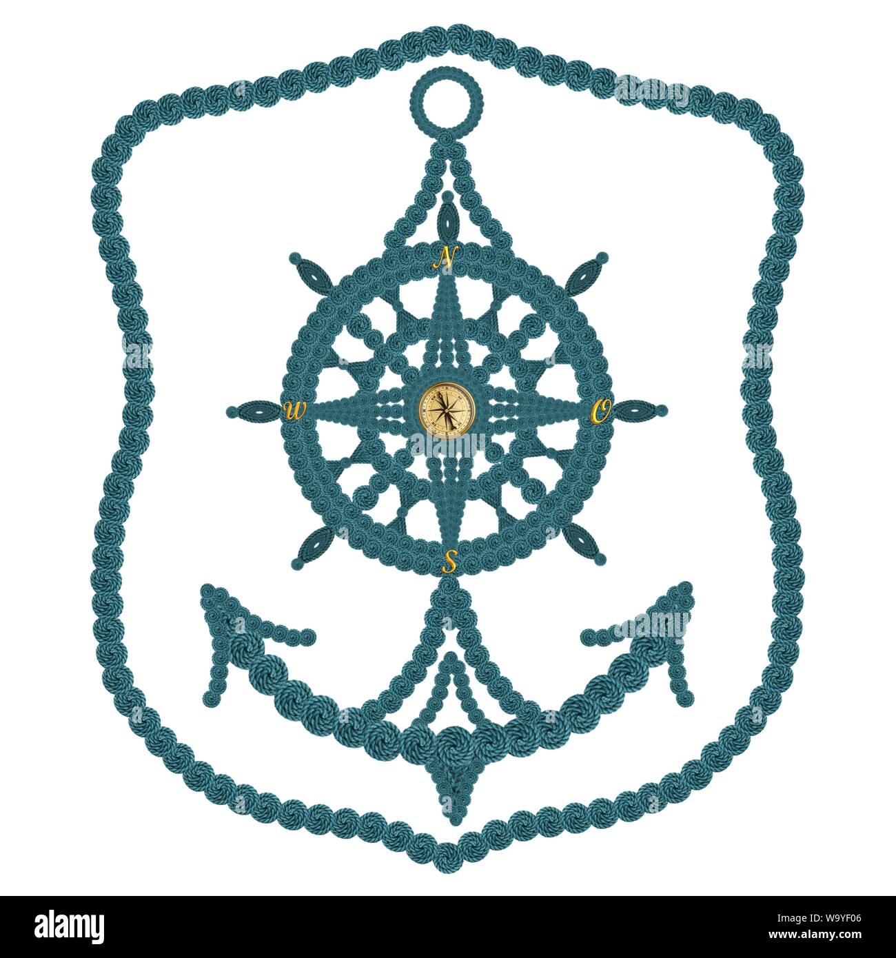 Compass anchor steering wheel globe wind rose made of ropes Stock Photo ...