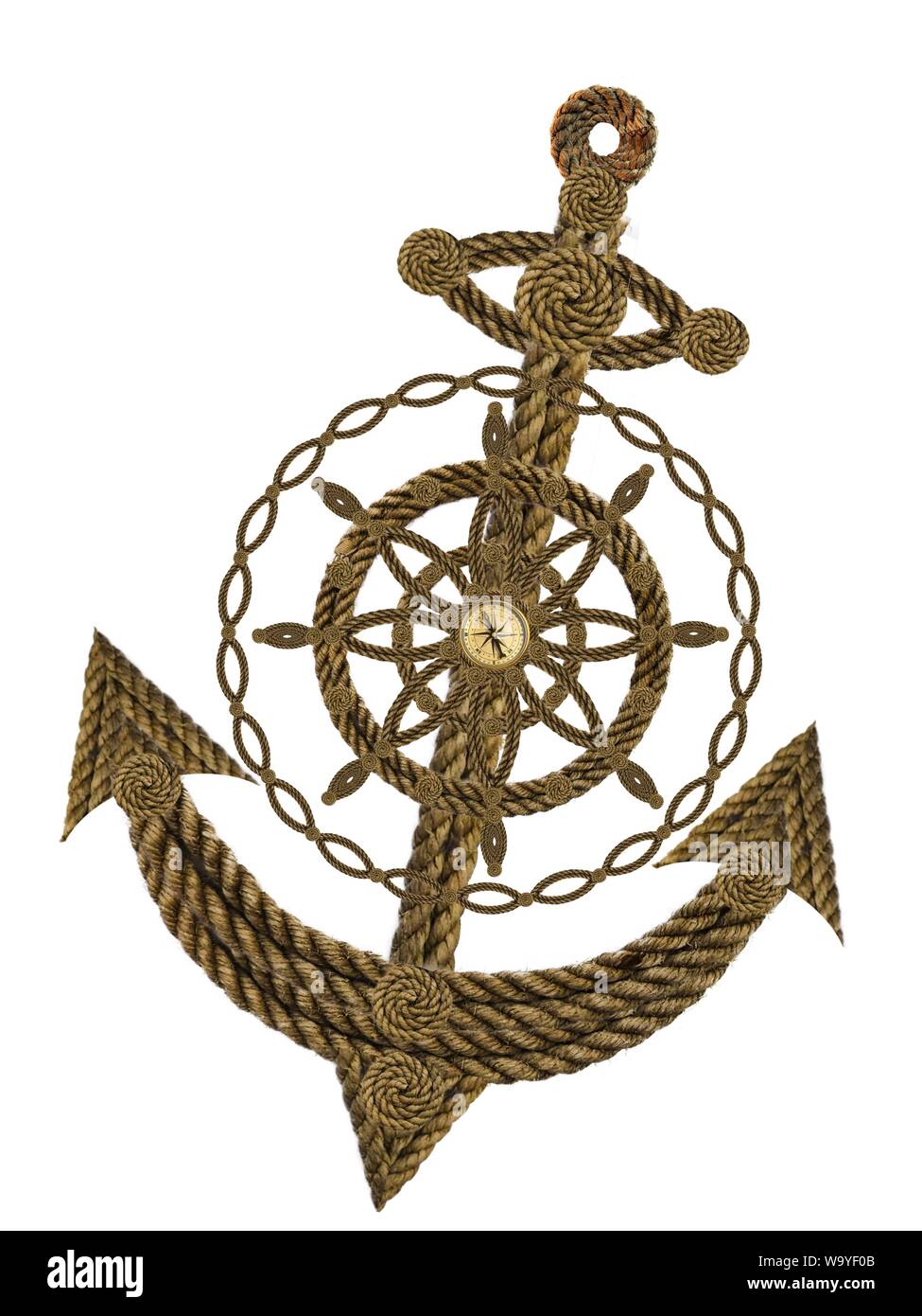 Compass anchor steering wheel globe wind rose made of ropes Stock Photo ...