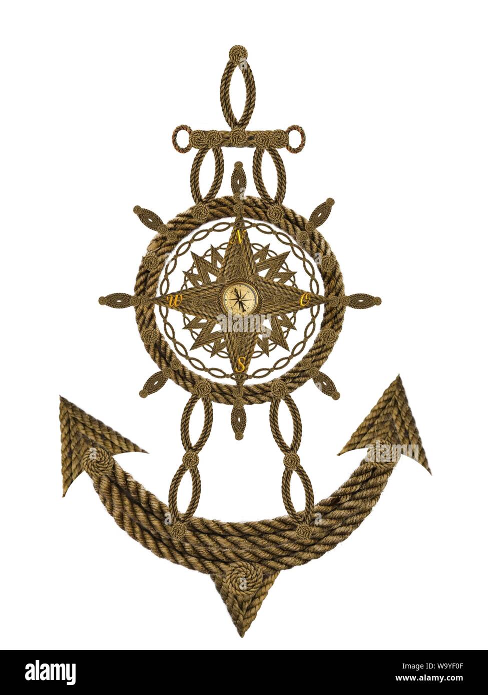 Compass anchor steering wheel globe wind rose made of ropes Stock Photo ...