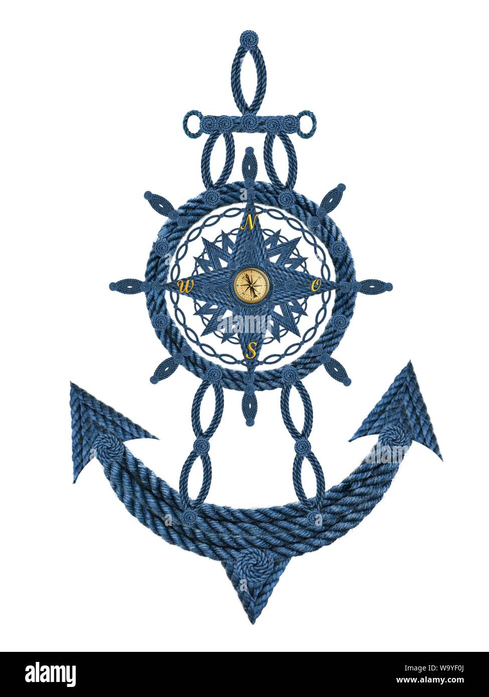 Compass anchor steering wheel globe wind rose made of ropes Stock Photo ...