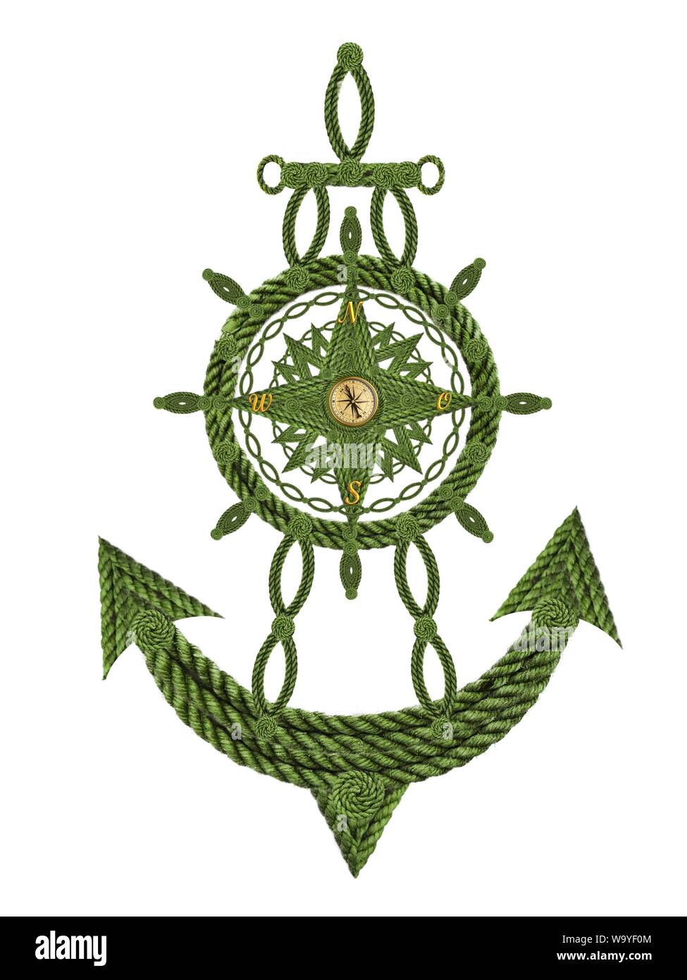 Compass anchor steering wheel globe wind rose made of ropes Stock Photo ...