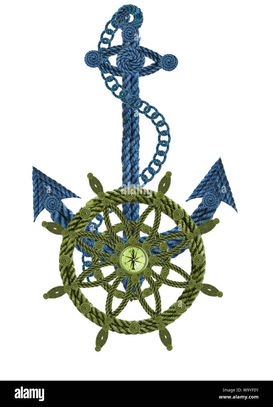 Compass anchor steering wheel globe wind rose made of ropes Stock Photo ...