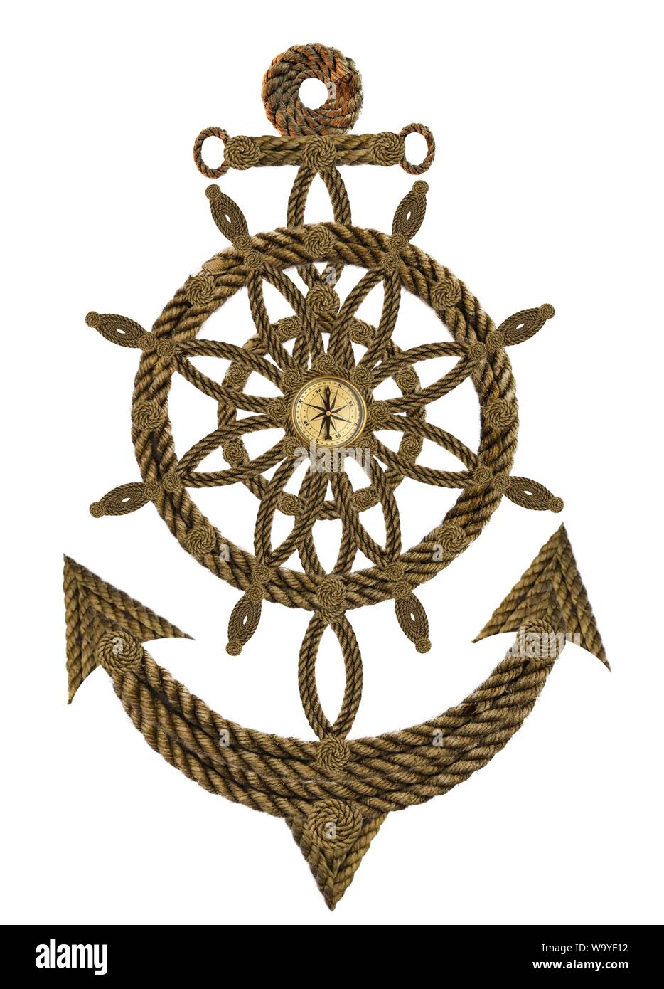 Compass anchor steering wheel globe wind rose made of ropes Stock Photo ...