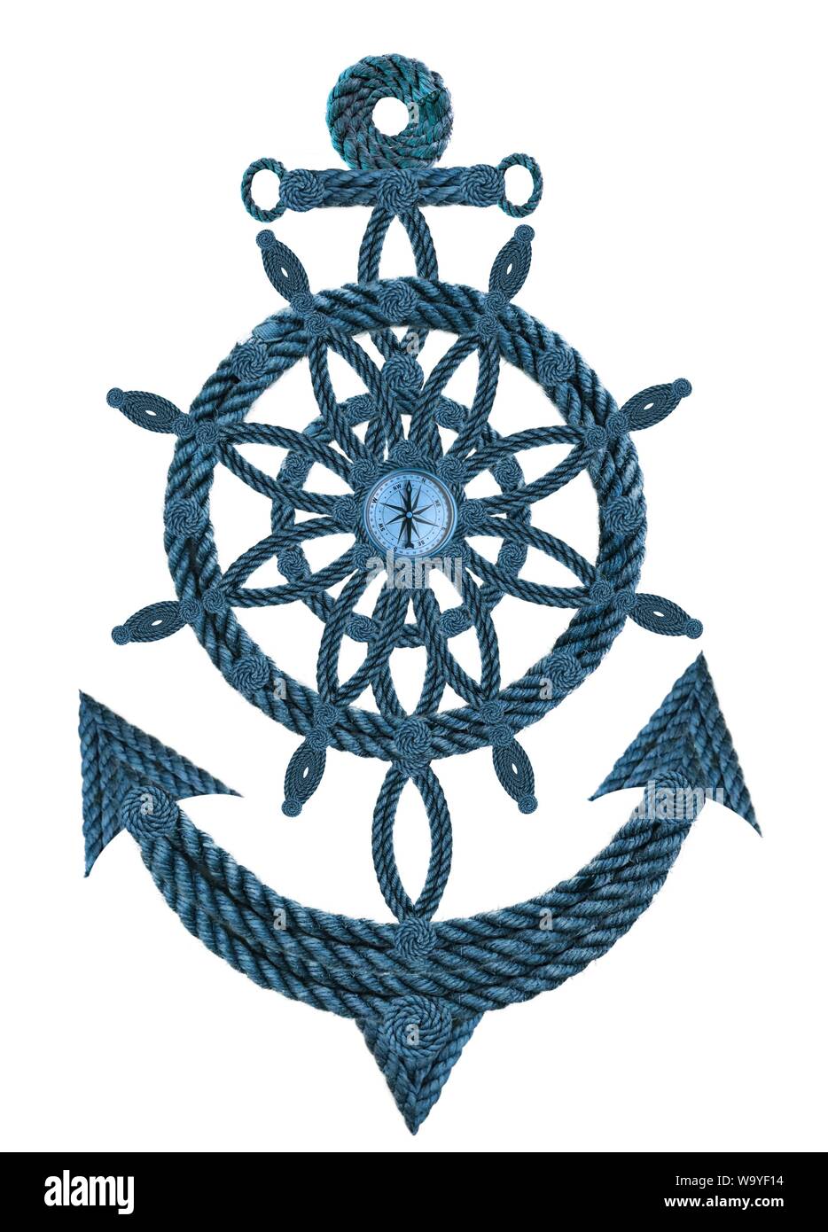 Compass anchor steering wheel globe wind rose made of ropes Stock Photo ...
