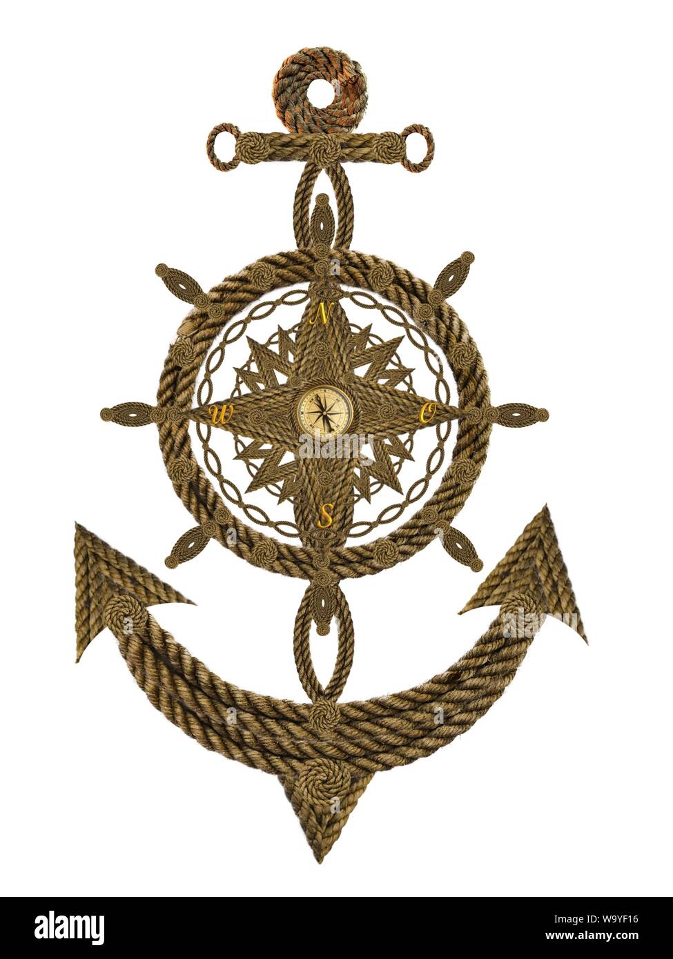 Compass anchor steering wheel globe wind rose made of ropes Stock Photo ...