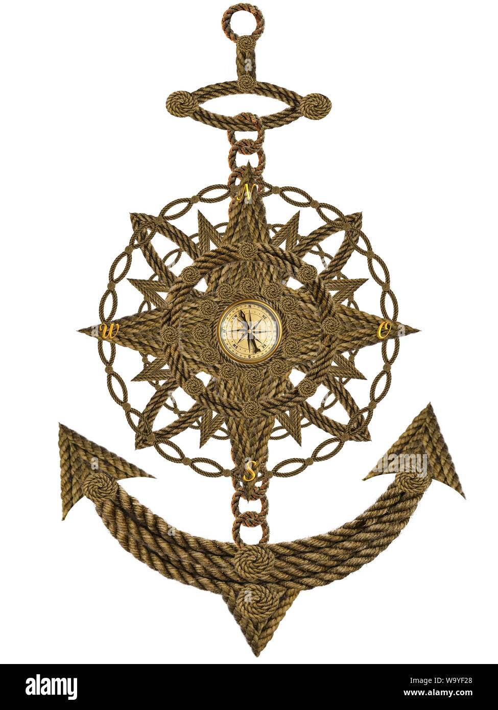 Compass anchor steering wheel globe wind rose made of ropes Stock Photo ...