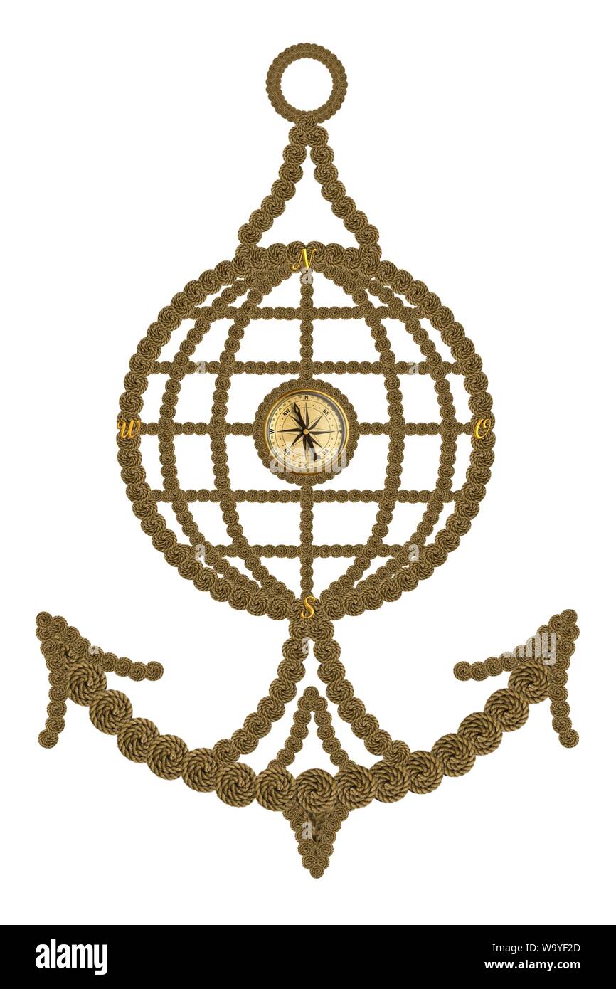 Compass anchor steering wheel globe wind rose made of ropes Stock Photo ...