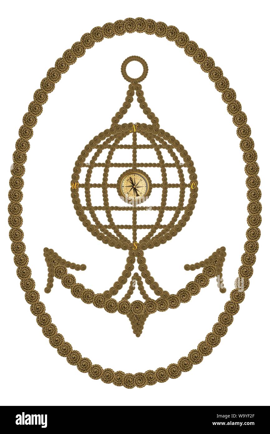 Compass anchor steering wheel globe wind rose made of ropes Stock Photo ...