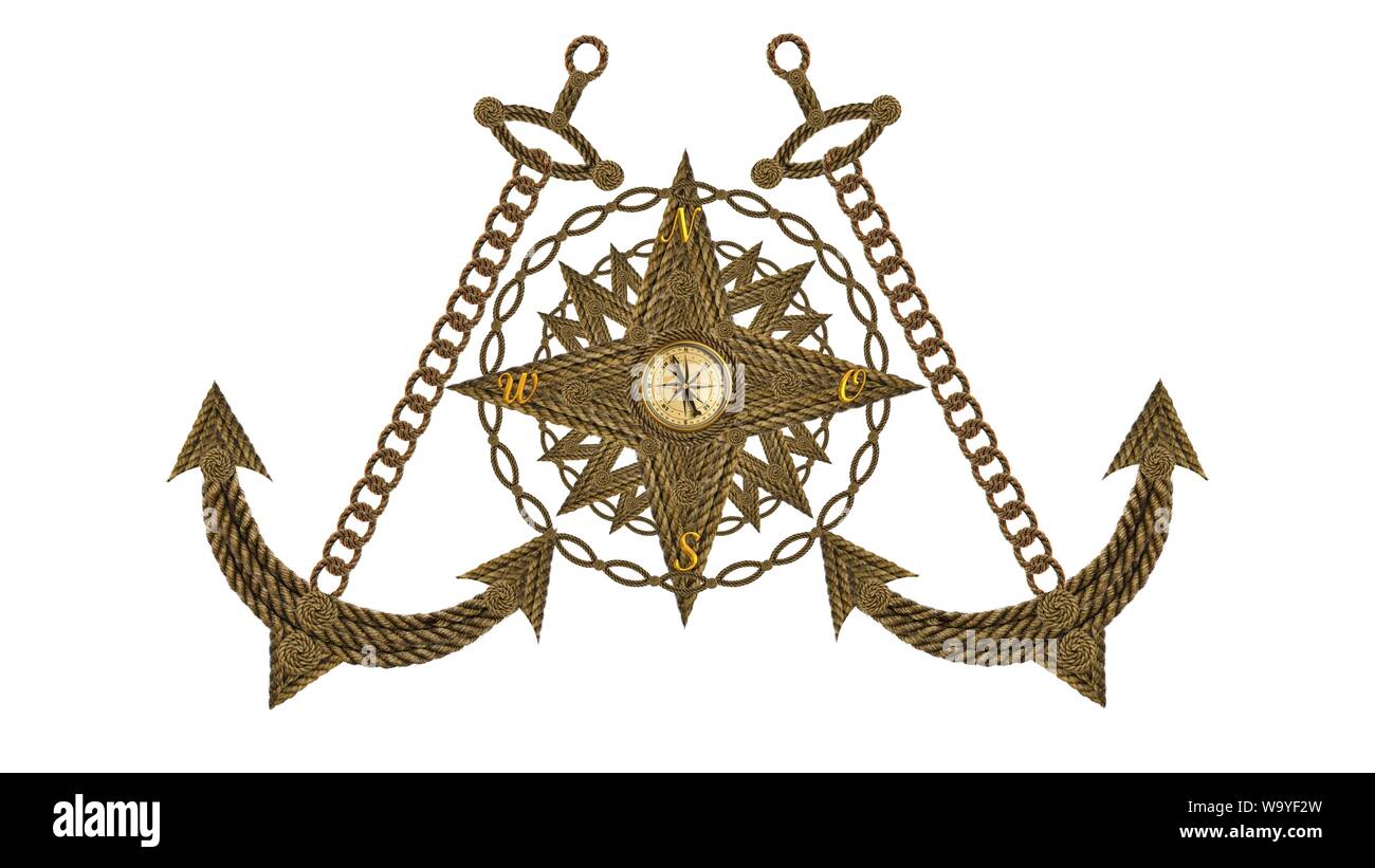 Compass anchor steering wheel globe wind rose made of ropes Stock Photo ...