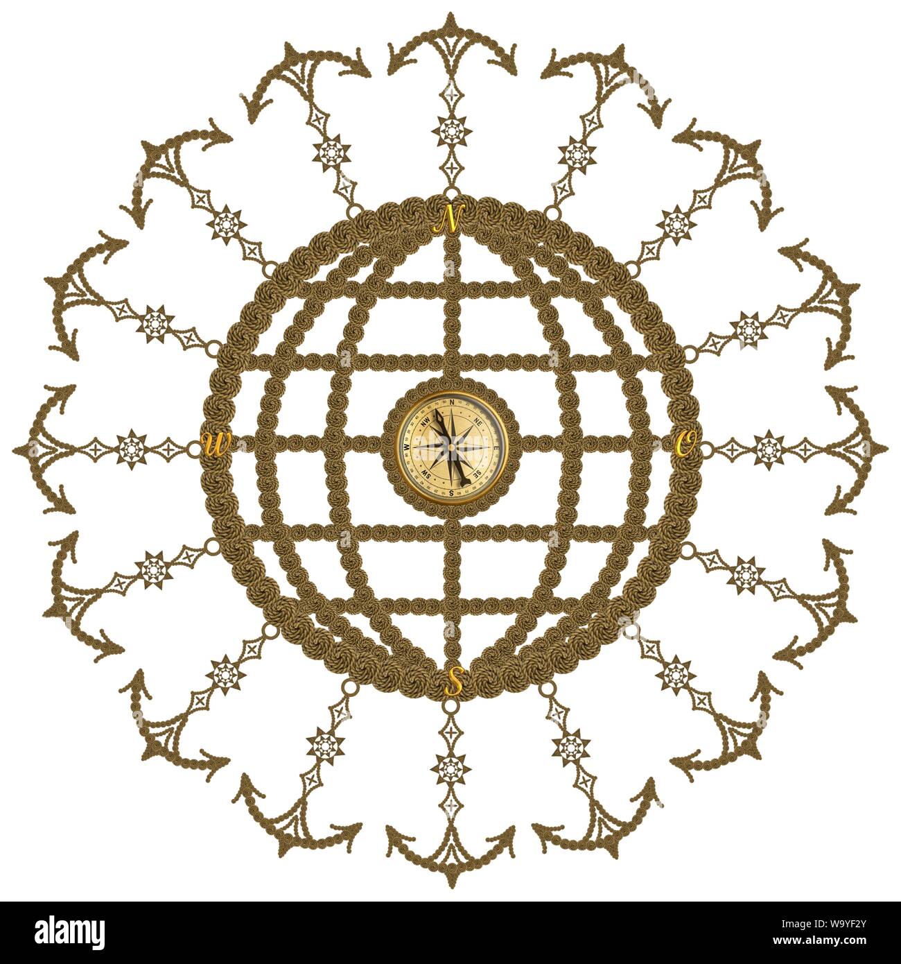 Compass anchor steering wheel globe wind rose made of ropes Stock Photo ...