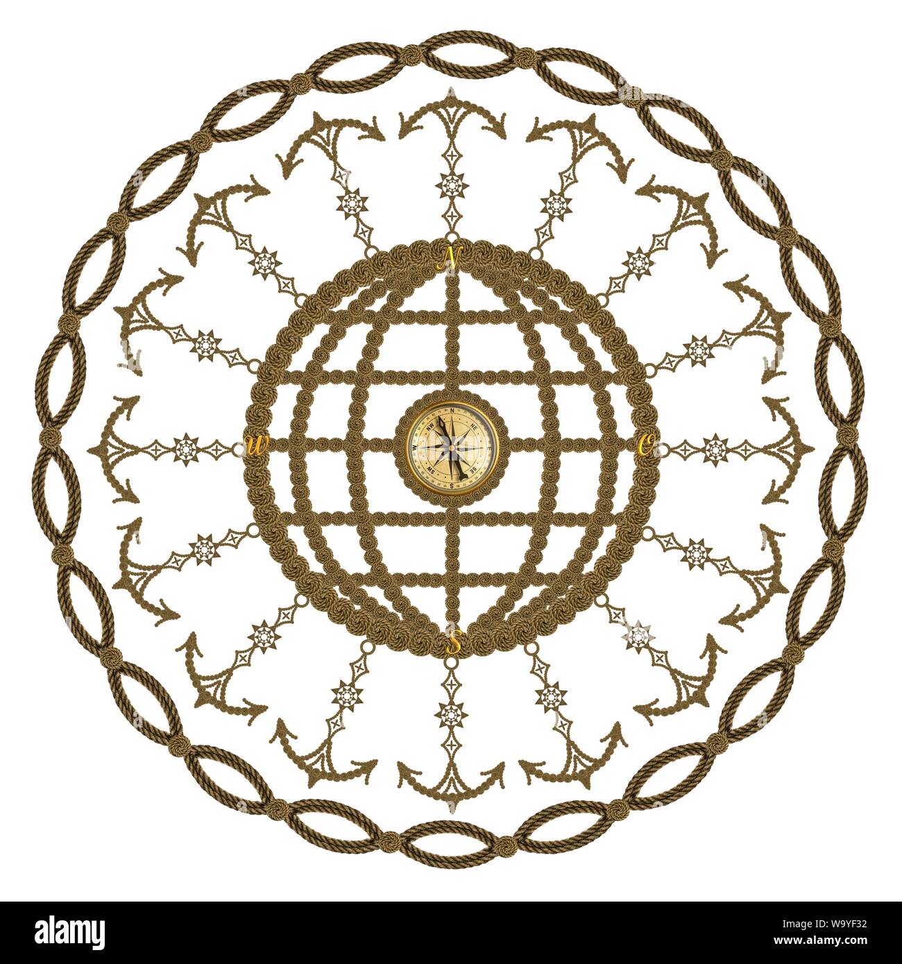 Compass anchor steering wheel globe wind rose made of ropes Stock Photo ...