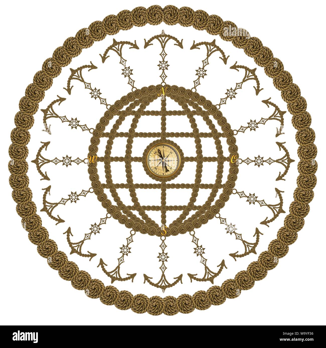 Compass anchor steering wheel globe wind rose made of ropes Stock Photo ...