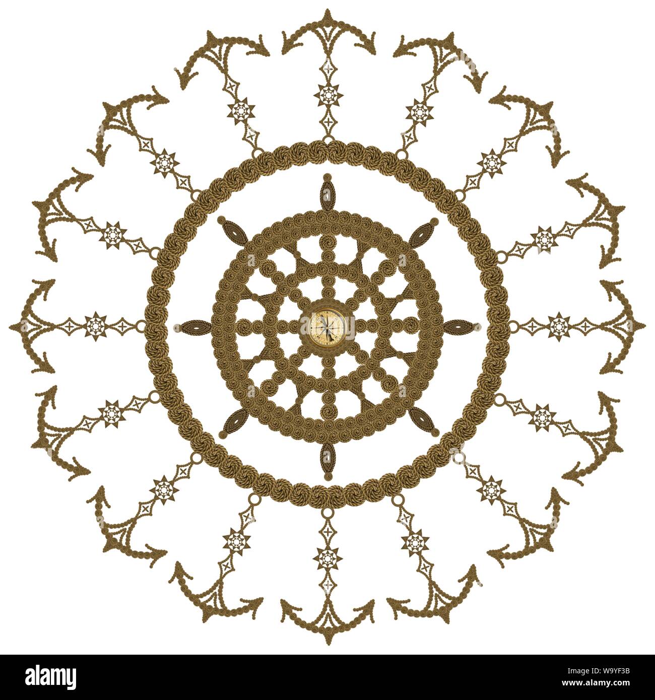 Compass anchor steering wheel globe wind rose made of ropes Stock Photo ...